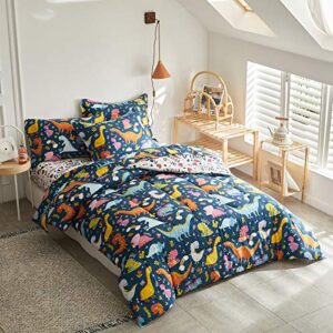 joyreap 6 piece twin size bed in a bag, colorful dinosaur on navy design, microfiber comforter set for kids boys n girls (1 comforter, 2 pillow shams, 1 flat sheet, 1 fitted sheet,1 pillowcase)