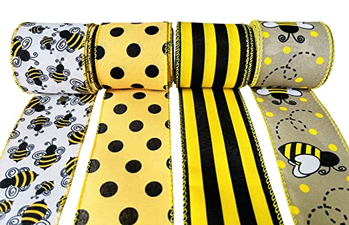 Bumble Bee Ribbon Wired 26 Yard Polka Dot Wired Edge Fabric Ribbon Bee Vertical Stripe Craft Ribbon Decorative Ribbon DIY for Wrapping, Party Decoration, Hair Bows, Crafting and Sewing