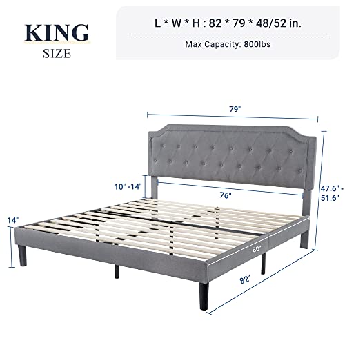 Allewie Upholstered King Size Platform Bed Frame with Adjustable and Curved Corner Design Headboard, Easy Assembly, No Box Spring Required, Light Grey