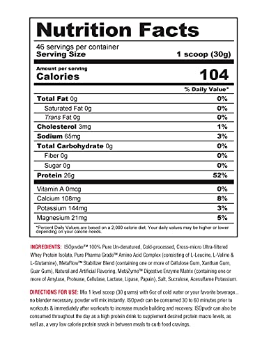 Metabolic Nutrition Whey Protein Isolate ISO PWDR Strawberry Cream, 3.04lb, 23 Servings, 26g Protein, Fast Digesting, Zero Carbs, Delicious Flavor, Very Low Carbs & Fat, Zero Lactose