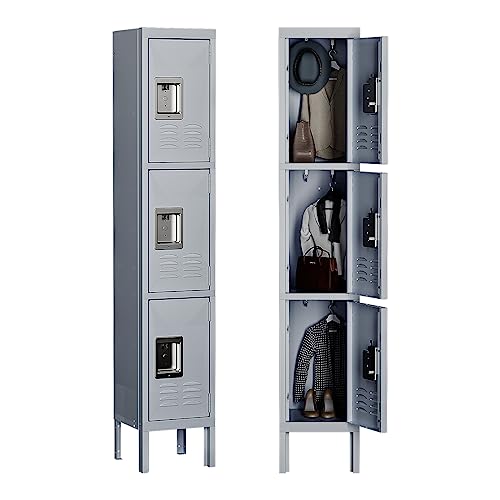 MIIIKO Employee Lockers, Metal Cabinet 3 Doors, Gym Locker with Hooks, 3 Tier Shelves Storage Locker Organizer for School Kids, Home Office Bedroom