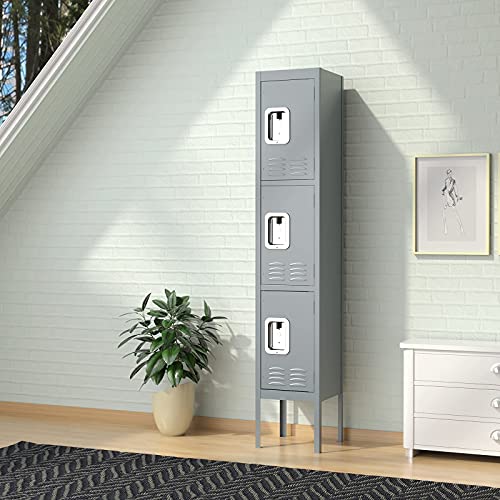 MIIIKO Employee Lockers, Metal Cabinet 3 Doors, Gym Locker with Hooks, 3 Tier Shelves Storage Locker Organizer for School Kids, Home Office Bedroom