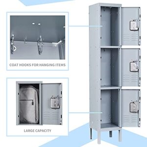 MIIIKO Employee Lockers, Metal Cabinet 3 Doors, Gym Locker with Hooks, 3 Tier Shelves Storage Locker Organizer for School Kids, Home Office Bedroom