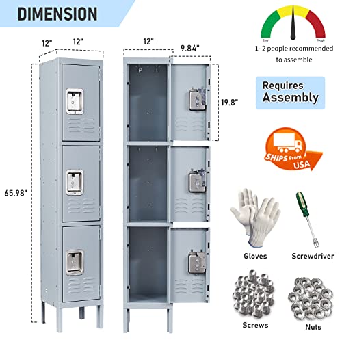 MIIIKO Employee Lockers, Metal Cabinet 3 Doors, Gym Locker with Hooks, 3 Tier Shelves Storage Locker Organizer for School Kids, Home Office Bedroom