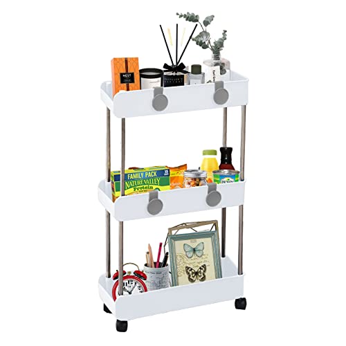 Slim Storage Cart, 3 Tier Mobile Shelving Unit Organizer, Slide Out Rolling Utility Cart Shelf Rack for Kitchen Bathroom Laundry Room Narrow Places, Plastic & Stainless Steel, White