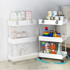 Slim Storage Cart, 3 Tier Mobile Shelving Unit Organizer, Slide Out Rolling Utility Cart Shelf Rack for Kitchen Bathroom Laundry Room Narrow Places, Plastic & Stainless Steel, White