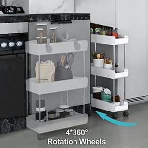 Slim Storage Cart, 3 Tier Mobile Shelving Unit Organizer, Slide Out Rolling Utility Cart Shelf Rack for Kitchen Bathroom Laundry Room Narrow Places, Plastic & Stainless Steel, White