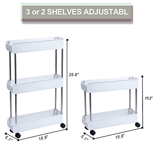 Slim Storage Cart, 3 Tier Mobile Shelving Unit Organizer, Slide Out Rolling Utility Cart Shelf Rack for Kitchen Bathroom Laundry Room Narrow Places, Plastic & Stainless Steel, White