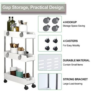 Slim Storage Cart, 3 Tier Mobile Shelving Unit Organizer, Slide Out Rolling Utility Cart Shelf Rack for Kitchen Bathroom Laundry Room Narrow Places, Plastic & Stainless Steel, White