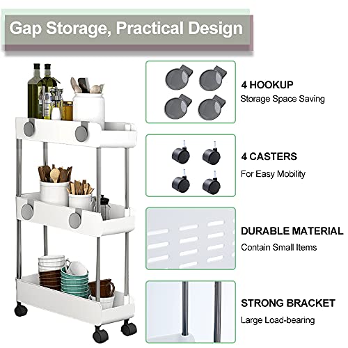 Slim Storage Cart, 3 Tier Mobile Shelving Unit Organizer, Slide Out Rolling Utility Cart Shelf Rack for Kitchen Bathroom Laundry Room Narrow Places, Plastic & Stainless Steel, White