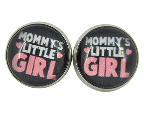 Stainless Steel Mommy's Little Girl Print Glass Stud Earrings 12mm