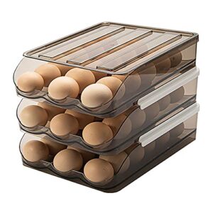 egg container for refrigerator automatic rolling, egg holder storage box drawer, egg tray fridge organizer for household, smart stackable devil egg container with lid (three layers)