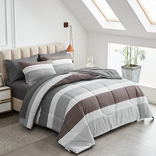 Joyreap 7 Piece Bed in a Bag Full/Queen, Light Gray n Brown Stripes Design, Soft Microfiber Comforter Set for All Season (1 Comforter, 2 Pillow Shams, 1 Flat Sheet, 1 Fitted Sheet, 2 Pillowcases)