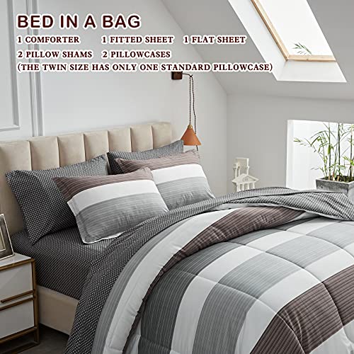 Joyreap 7 Piece Bed in a Bag Full/Queen, Light Gray n Brown Stripes Design, Soft Microfiber Comforter Set for All Season (1 Comforter, 2 Pillow Shams, 1 Flat Sheet, 1 Fitted Sheet, 2 Pillowcases)