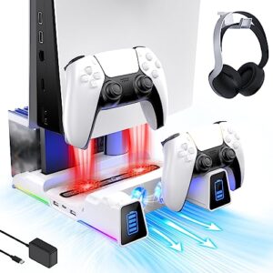 nexigo ps5 slient cooling stand with rgb led light, dual charging station compatible with dualsense edge controller, hard drive slot, headset and remote holders, 10 game slots, white