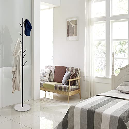 FLRH Coat Rack, 66" Metal Coat Shelf with Stable Marble Base, Metal Tree Hat & Coat Hanger with 7 Hooks, Floor Free Standing Wall Bedroom, Easy Assembly (Black)