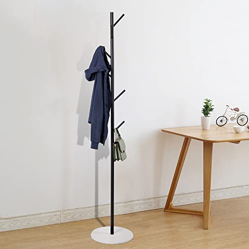 FLRH Coat Rack, 66" Metal Coat Shelf with Stable Marble Base, Metal Tree Hat & Coat Hanger with 7 Hooks, Floor Free Standing Wall Bedroom, Easy Assembly (Black)