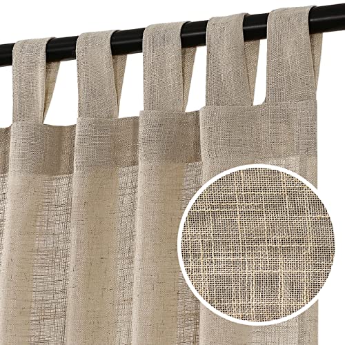 Linen Curtains 108 Inch Natural Linen Semi Sheer Curtains Tab Top Light Filtering Panels Burlap Linen Textured Curtains for Living Room Window Treatment Drapes, Privacy Added, 2 Panels, Angora