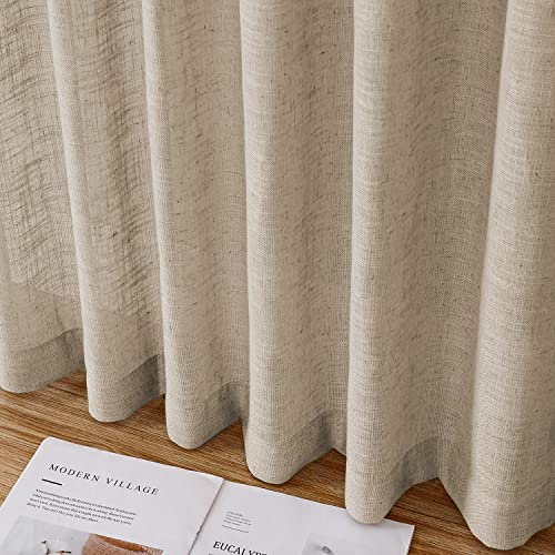 Linen Curtains 108 Inch Natural Linen Semi Sheer Curtains Tab Top Light Filtering Panels Burlap Linen Textured Curtains for Living Room Window Treatment Drapes, Privacy Added, 2 Panels, Angora