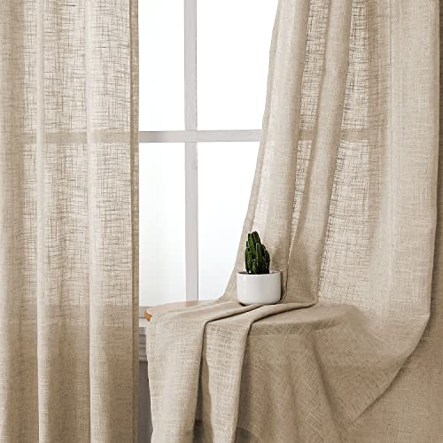 Linen Curtains 108 Inch Natural Linen Semi Sheer Curtains Tab Top Light Filtering Panels Burlap Linen Textured Curtains for Living Room Window Treatment Drapes, Privacy Added, 2 Panels, Angora