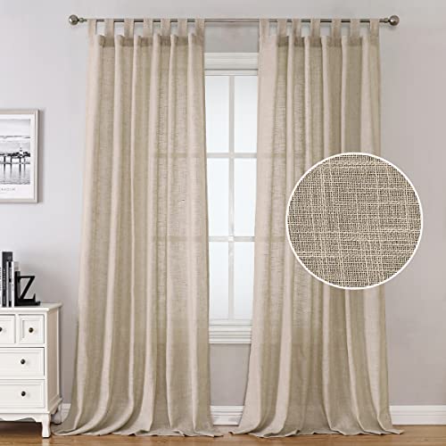 Linen Curtains 108 Inch Natural Linen Semi Sheer Curtains Tab Top Light Filtering Panels Burlap Linen Textured Curtains for Living Room Window Treatment Drapes, Privacy Added, 2 Panels, Angora