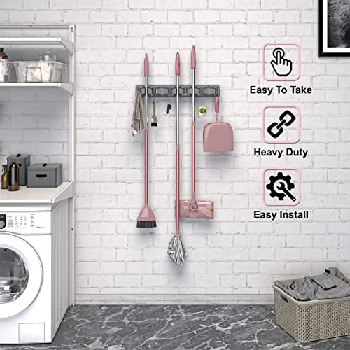 Mabel Home Mop and Broom Holder, 5 Auto Adjust Slots, 6 Hooks, Easy Install Wall Mount, Tools Hanger for Kitchen, Garden, Garage, Laundry Room, Office, Holds up to 20 kg (Grey)