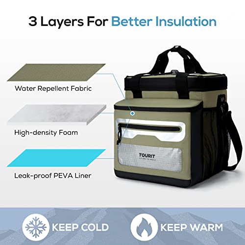 TOURIT Soft Cooler Bag 40 Can Large Collapsible Soft Sided Cooler 33L Beach Portable Cooler Ice Chest Insulated for Picnic, Beach, Trip, Khaki