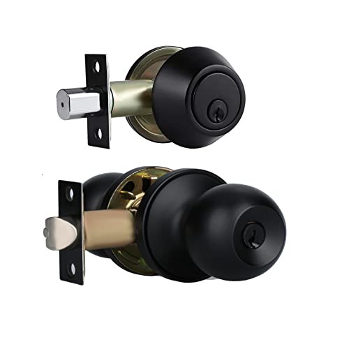 Exterior Door Knobs Exterior Door Lock Set with Deadbolt, Single Cylinder Deadbolt Door Locks with Keys, Keyed Alike,Matte Black Door Knob and Deadbolt(1Pack)