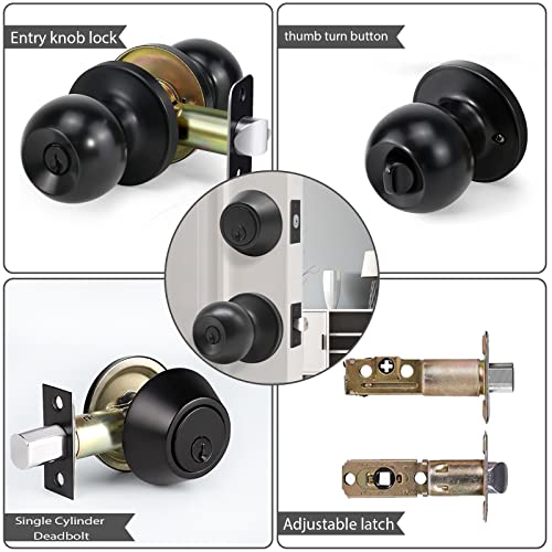 Exterior Door Knobs Exterior Door Lock Set with Deadbolt, Single Cylinder Deadbolt Door Locks with Keys, Keyed Alike,Matte Black Door Knob and Deadbolt(1Pack)