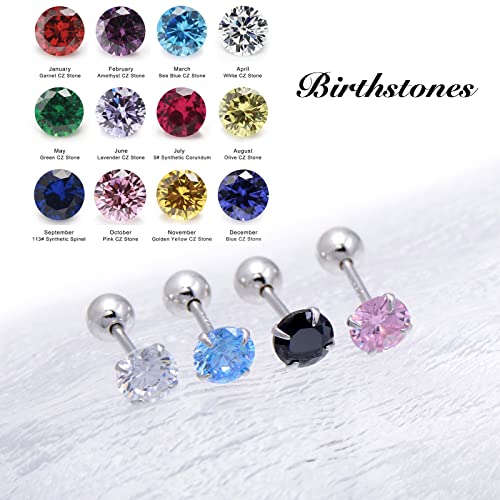 Screw Back Sterling Silver Cubic Zirconia Earrings Studs 3MM, White Diamond Color