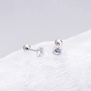 Screw Back Sterling Silver Cubic Zirconia Earrings Studs 3MM, White Diamond Color