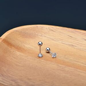 Screw Back Sterling Silver Cubic Zirconia Earrings Studs 3MM, White Diamond Color