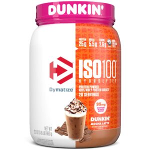 dymatize iso100 hydrolyzed protein powder in dunkin' mocha latte flavor, 100% whey isolate, 25g protein, 95mg caffeine, 5.5g bcaas, gluten free, fast absorbing, easy digesting, 20 servings