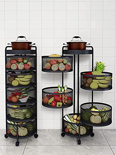 Lucklycabin Kitchen Storage Rack-Rotating Vegetable Rack Floor-Standing Multi-Layer Movable Organizer, Household Shelf for Living Fruit Snack Stand (5F, Black)