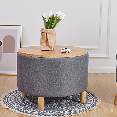 FUENTE LUZ Round Coffee Table with Storage for Bedroom Living Room Round Ottoman as a Foot Rest Multi-Function High-Capacity Cotton and Linen Fabric Natural Color Desktop Natural Color Feet (Grey)