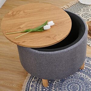 FUENTE LUZ Round Coffee Table with Storage for Bedroom Living Room Round Ottoman as a Foot Rest Multi-Function High-Capacity Cotton and Linen Fabric Natural Color Desktop Natural Color Feet (Grey)