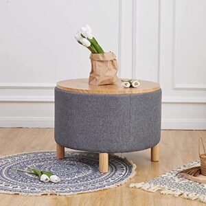 FUENTE LUZ Round Coffee Table with Storage for Bedroom Living Room Round Ottoman as a Foot Rest Multi-Function High-Capacity Cotton and Linen Fabric Natural Color Desktop Natural Color Feet (Grey)