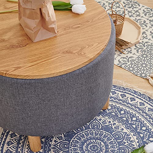 FUENTE LUZ Round Coffee Table with Storage for Bedroom Living Room Round Ottoman as a Foot Rest Multi-Function High-Capacity Cotton and Linen Fabric Natural Color Desktop Natural Color Feet (Grey)