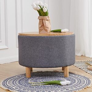 FUENTE LUZ Round Coffee Table with Storage for Bedroom Living Room Round Ottoman as a Foot Rest Multi-Function High-Capacity Cotton and Linen Fabric Natural Color Desktop Natural Color Feet (Grey)