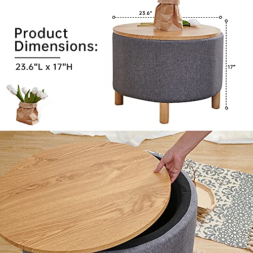 FUENTE LUZ Round Coffee Table with Storage for Bedroom Living Room Round Ottoman as a Foot Rest Multi-Function High-Capacity Cotton and Linen Fabric Natural Color Desktop Natural Color Feet (Grey)