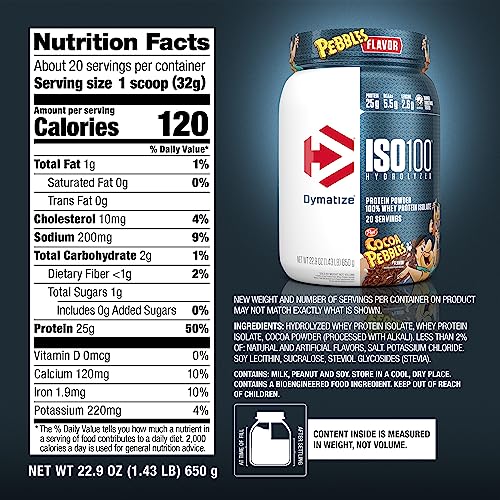 Dymatize ISO100 Hydrolyzed Protein Powder, 100% Whey Isolate Protein, 25g of Protein, 5.5g BCAAs, Gluten Free, Fast Absorbing, Easy Digesting, Cocoa Pebbles, 20 Servings