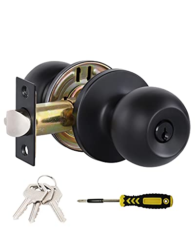 Lanwandeng Matte Black Door Knobs with Lock and Keys, Interior/Exterior Door Knob for Bedroom or Bathroom, Entry Door Lock