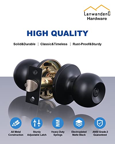 Lanwandeng Matte Black Door Knobs with Lock and Keys, Interior/Exterior Door Knob for Bedroom or Bathroom, Entry Door Lock