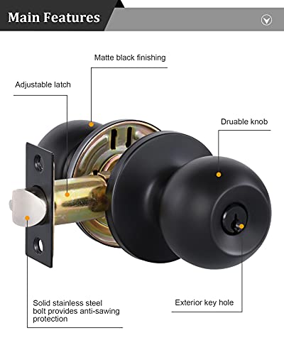 Lanwandeng Matte Black Door Knobs with Lock and Keys, Interior/Exterior Door Knob for Bedroom or Bathroom, Entry Door Lock