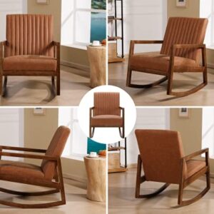 CIMOTA Leather Modern Rocking Chair Mid Century Armchair Upholstered Arm Chair with Padded Seat/Wood Frame, Comfy Rocker for Living Room/Bedroom, Retro Brown PU