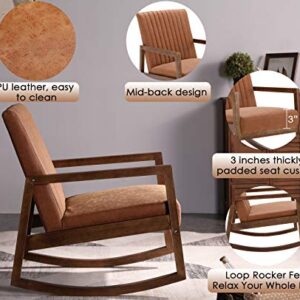 CIMOTA Leather Modern Rocking Chair Mid Century Armchair Upholstered Arm Chair with Padded Seat/Wood Frame, Comfy Rocker for Living Room/Bedroom, Retro Brown PU