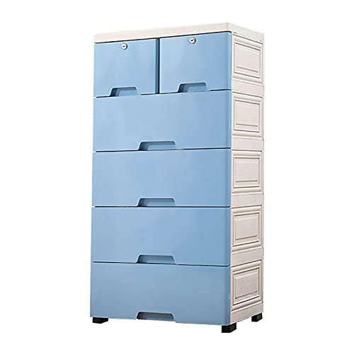 LOYALHEARTDY Bedroom Furniture Cabinet Plastic 6 Drawers with Lock Storage Cabinet with Wheel Small Chest Closet Organizer for Clothes Playroom Hallway Toys (Blue)