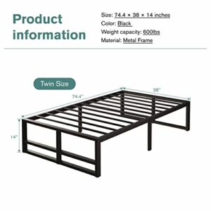 MUTICOR 14'' Metal Platform Twin Bed Frame with Strong Steel Slats Support/Sufficient Storage Space/Mattress Foundation/No Box Spring Needed/Easy Assembly