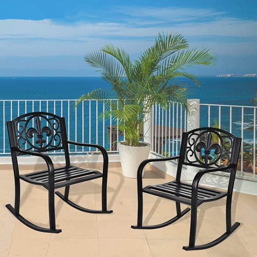 Grepatio Outdoor Patio Rocking Chair, Metal Rocking seat for for Deck, Backyard or Garden w/Scroll Design (Black)