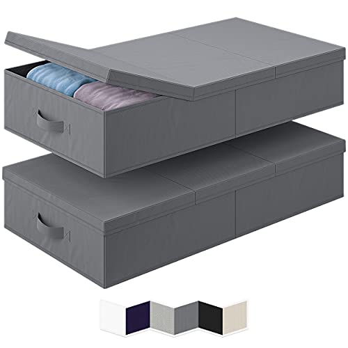 NEATERIZE Under Bed Storage Bins With Lids [Set of 2] Long Flat Stackable Underbed Storage Containers For Organizing Clothing, Shoes, toys, Blankets, and Linen. Garage Boxes. (Large-Grey)